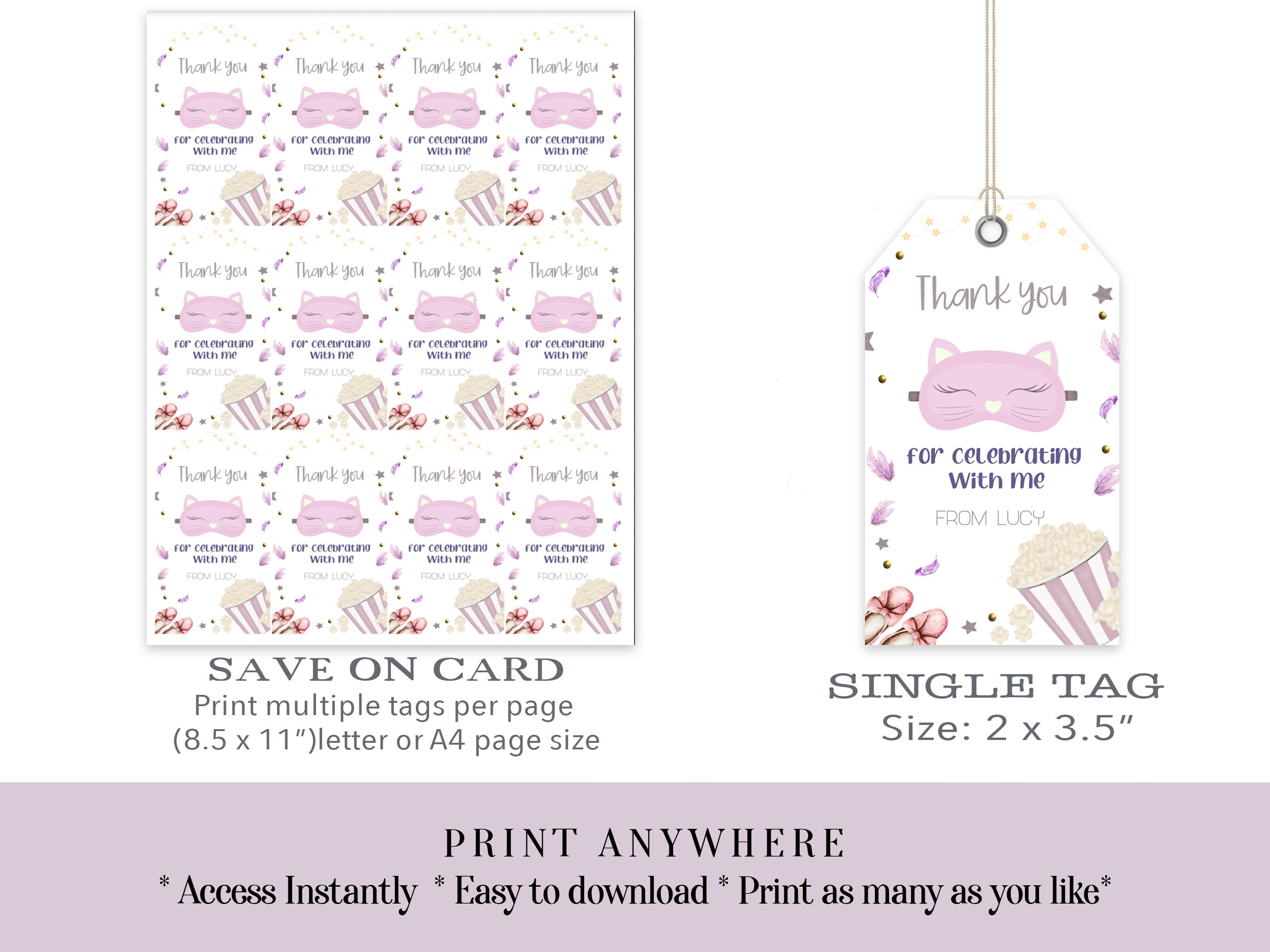 Editable Girls Sleepover Gift Tags, Slumber Party Thank You Party Tags ...