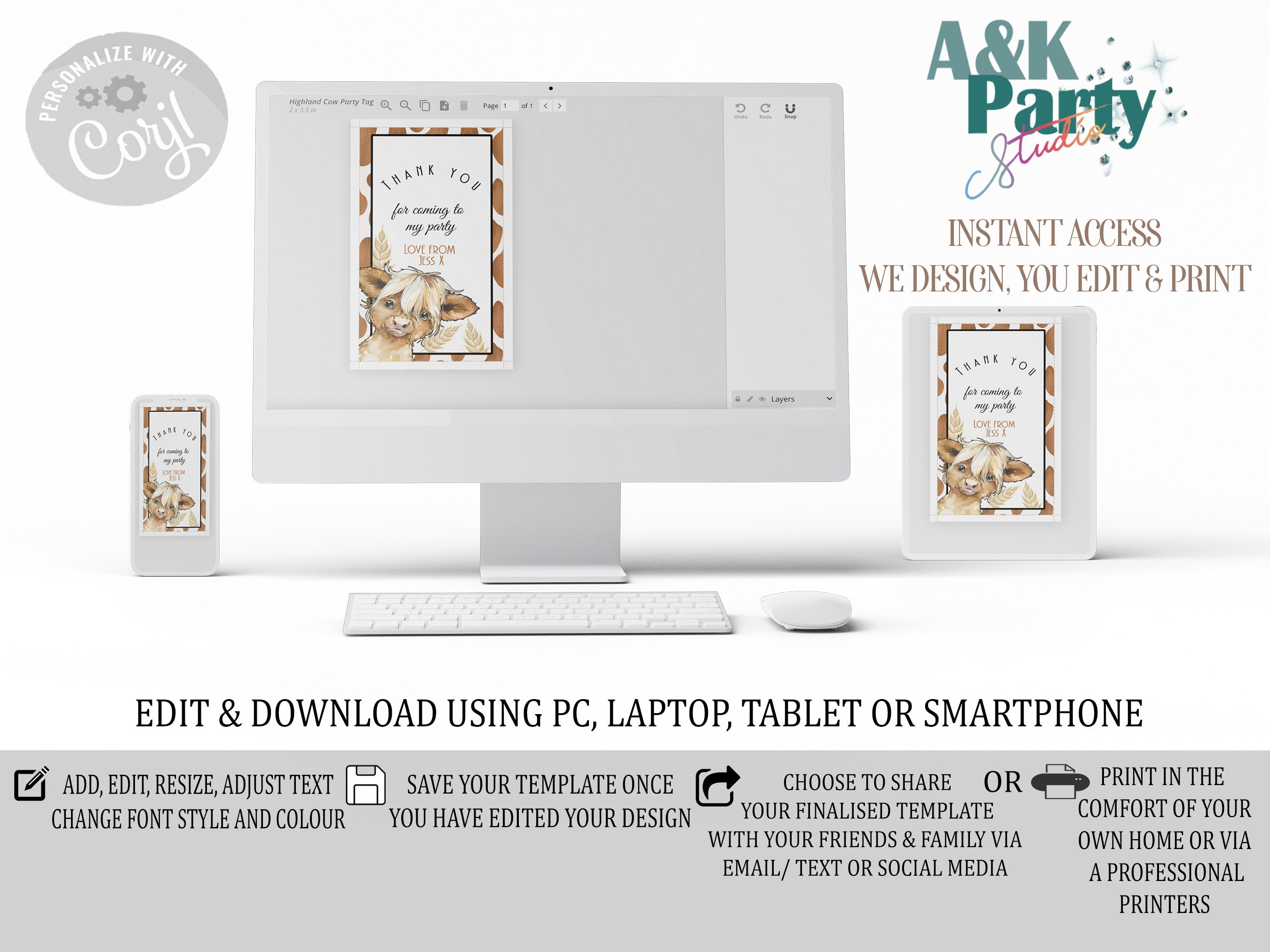 Editable Highland Cow Party Favor Tags Cow Animals Wild Birthday Thank ...