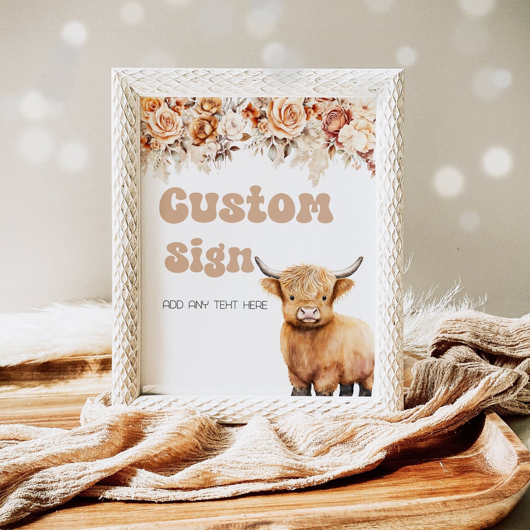 Editable Boho Highland Cow Party Sign, Custom Sign Cow Print Party ...