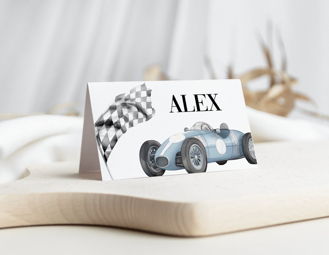 Editable Race Car Party Place Card Food Labels Blue Car Name Card ...