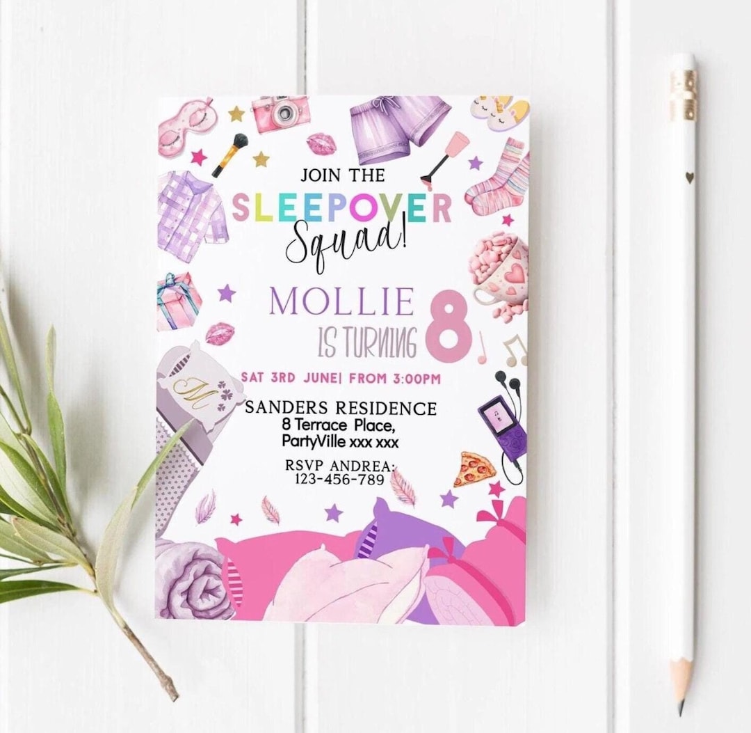 Editable Pyjama Party Invitation, Girls Slumber Party Birthday Invite ...