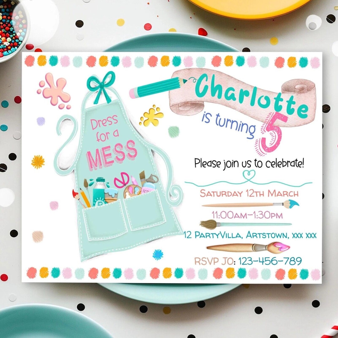 Editable Art Party Invites, Dress for a Mess Party Birthday Invitation ...