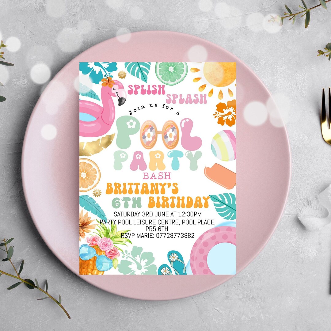 Editable Pool Party Invitation Tropical Splish Splash Girly Pool Party ...