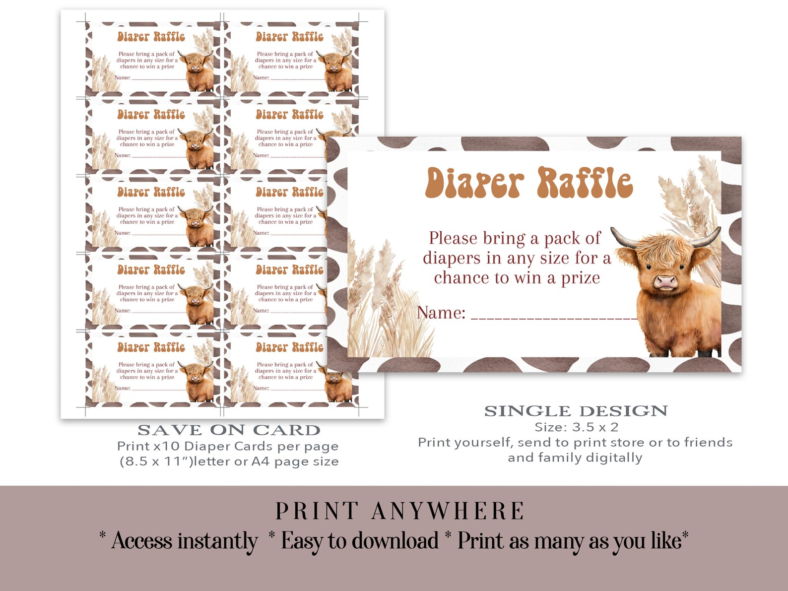 Editable Highland Cow Diaper Raffle Ticket Diaper Game Card Cow Print ...