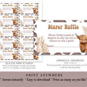 Editable Highland Cow Diaper Raffle Ticket Diaper Game Card Cow Print ...