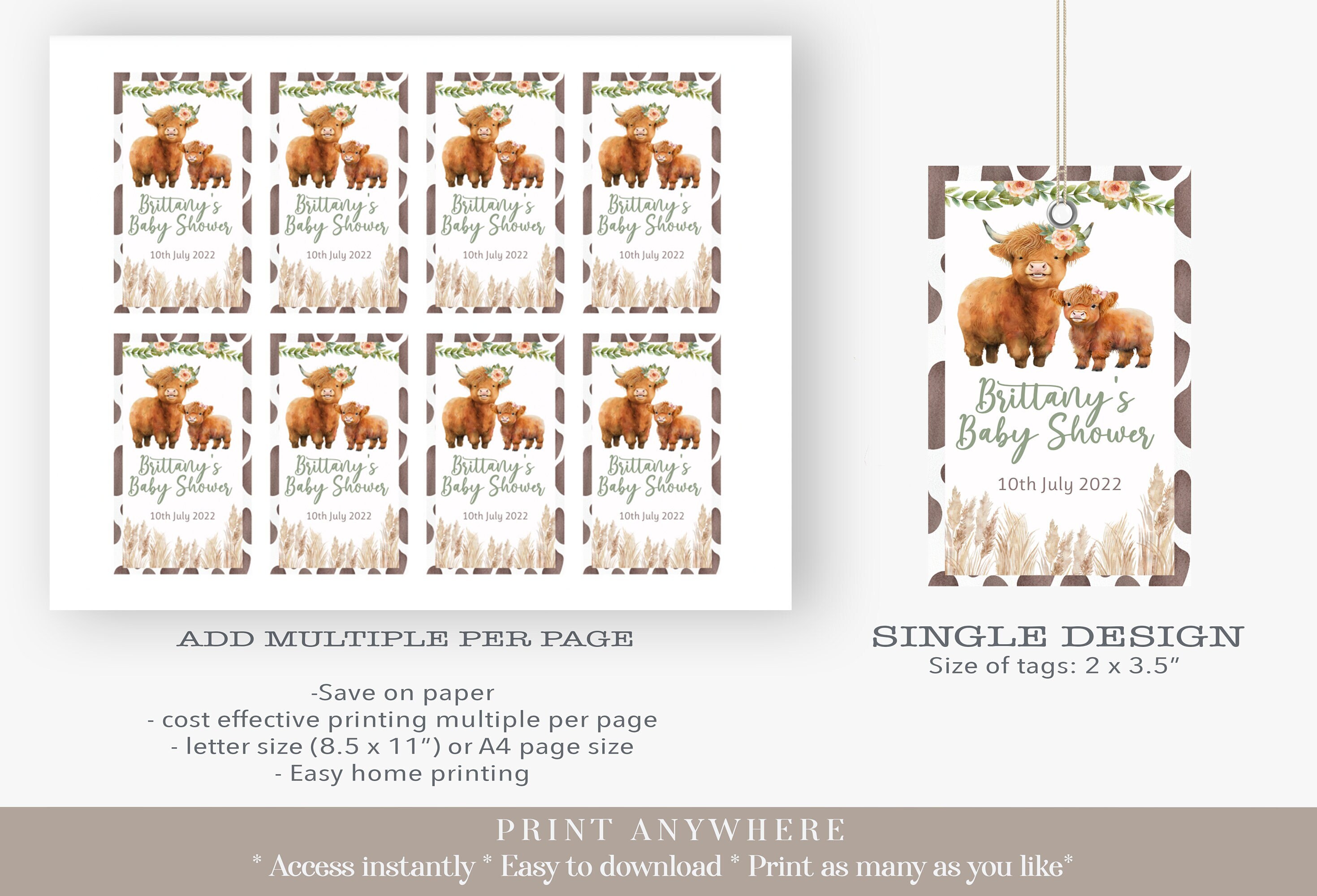 Editable Highland Cow Gift Tags, baby Shower Tags , Gender Neutral Tags ...