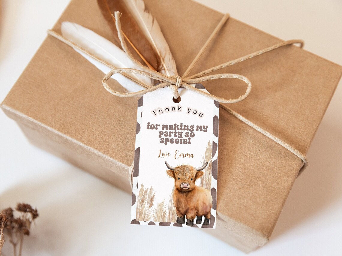Editable Highland Cow Gift Tags, Birthday Party Favors, Baby Shower ...