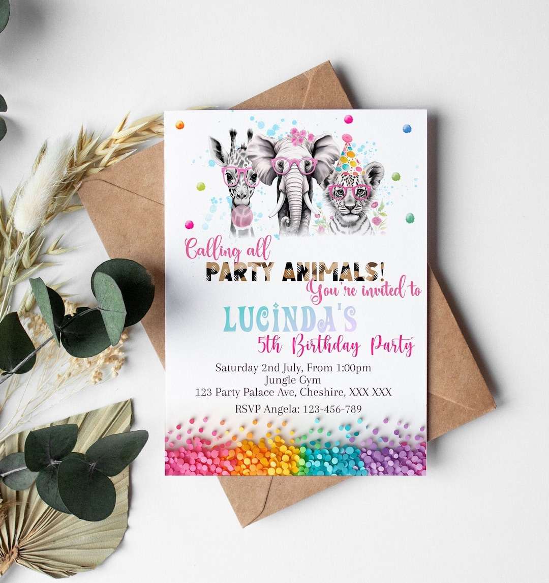 Editable Calling All Party Animals Invitations Girls Birthday Invite ...
