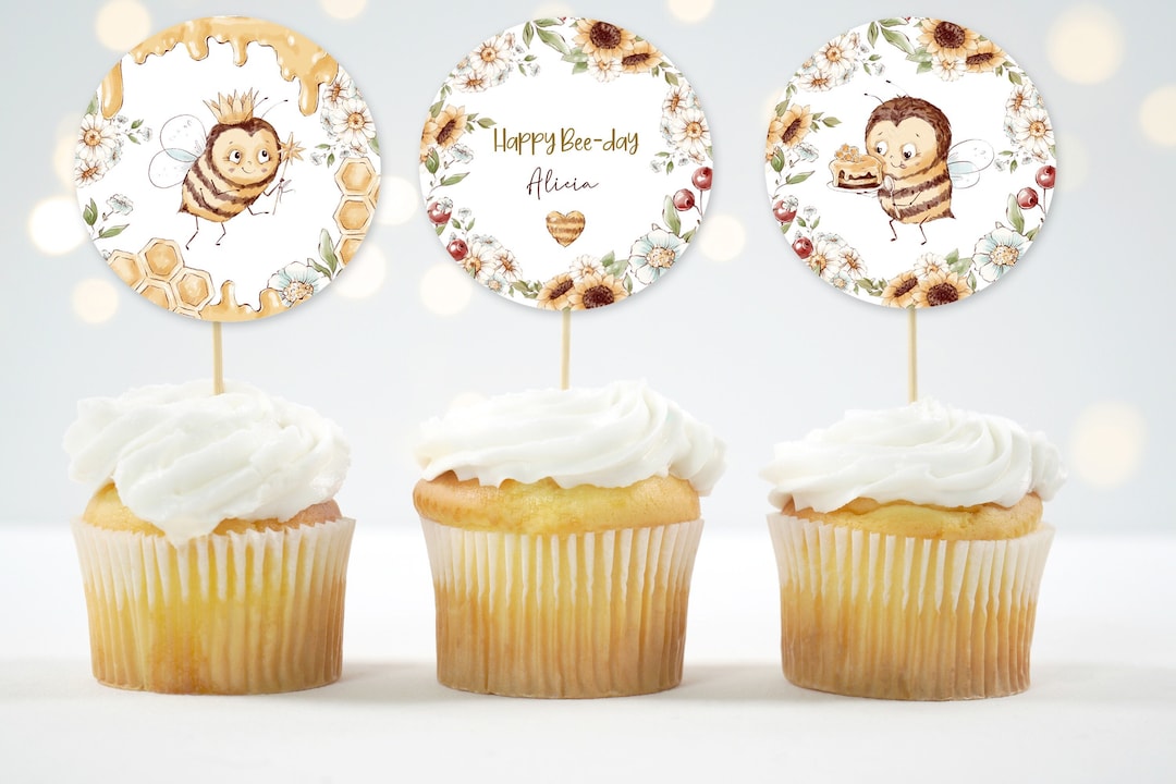 Editable Bee Cake Toppers Baby Shower, Birthday Party Favors Cupcake ...