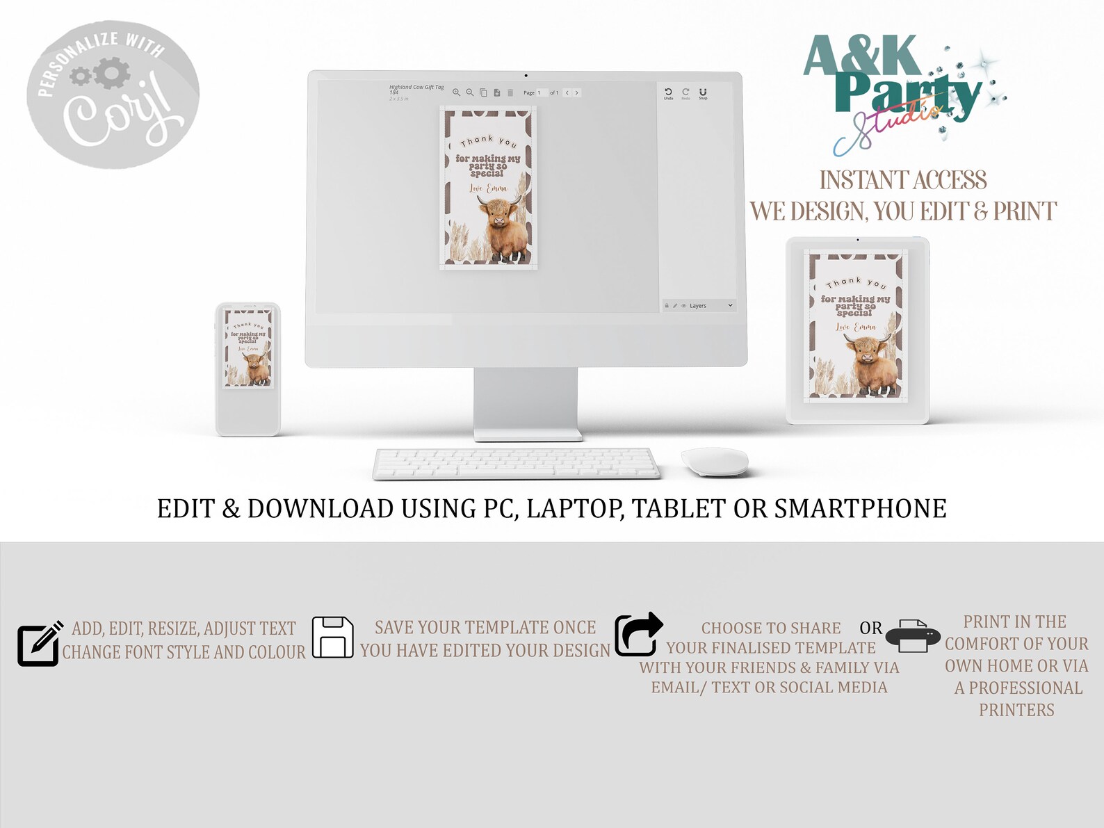 Editable Highland Cow Gift Tags, Birthday Party Favors, Baby Shower ...