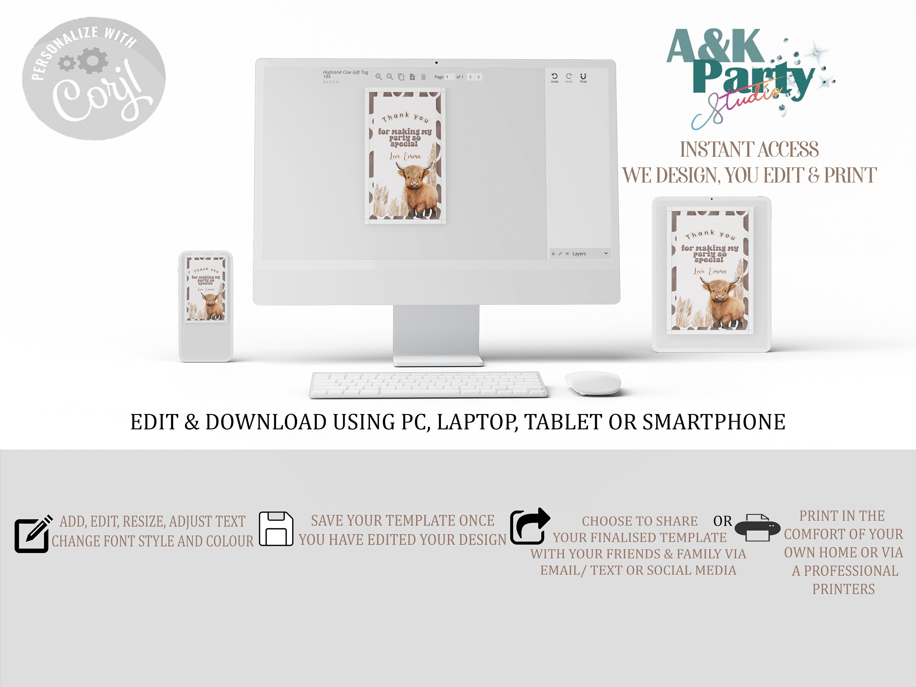 Editable Highland Cow Gift Tags, Birthday Party Favors, Baby Shower ...