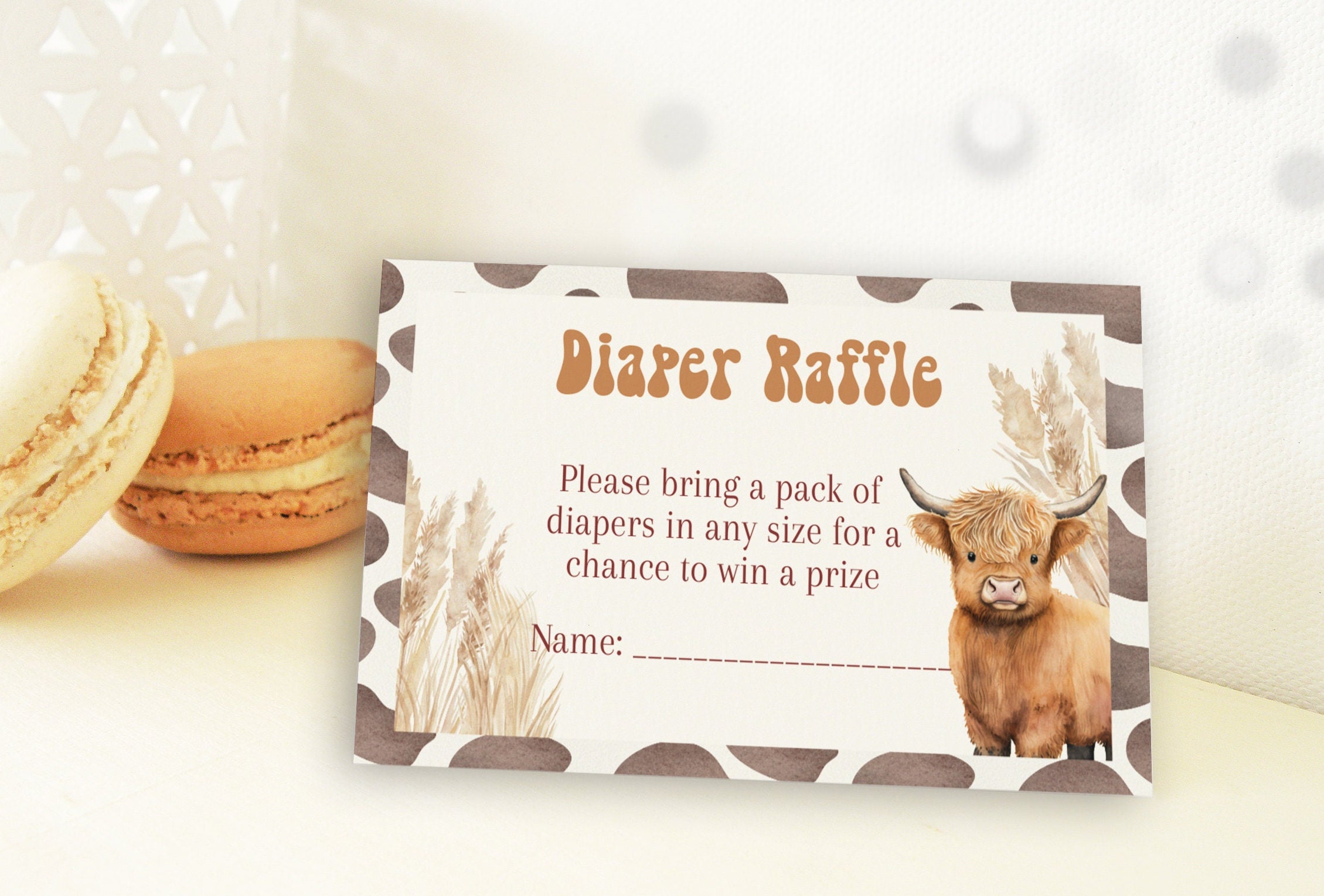 Editable Highland Cow Diaper Raffle Ticket Diaper Game Card Cow Print ...