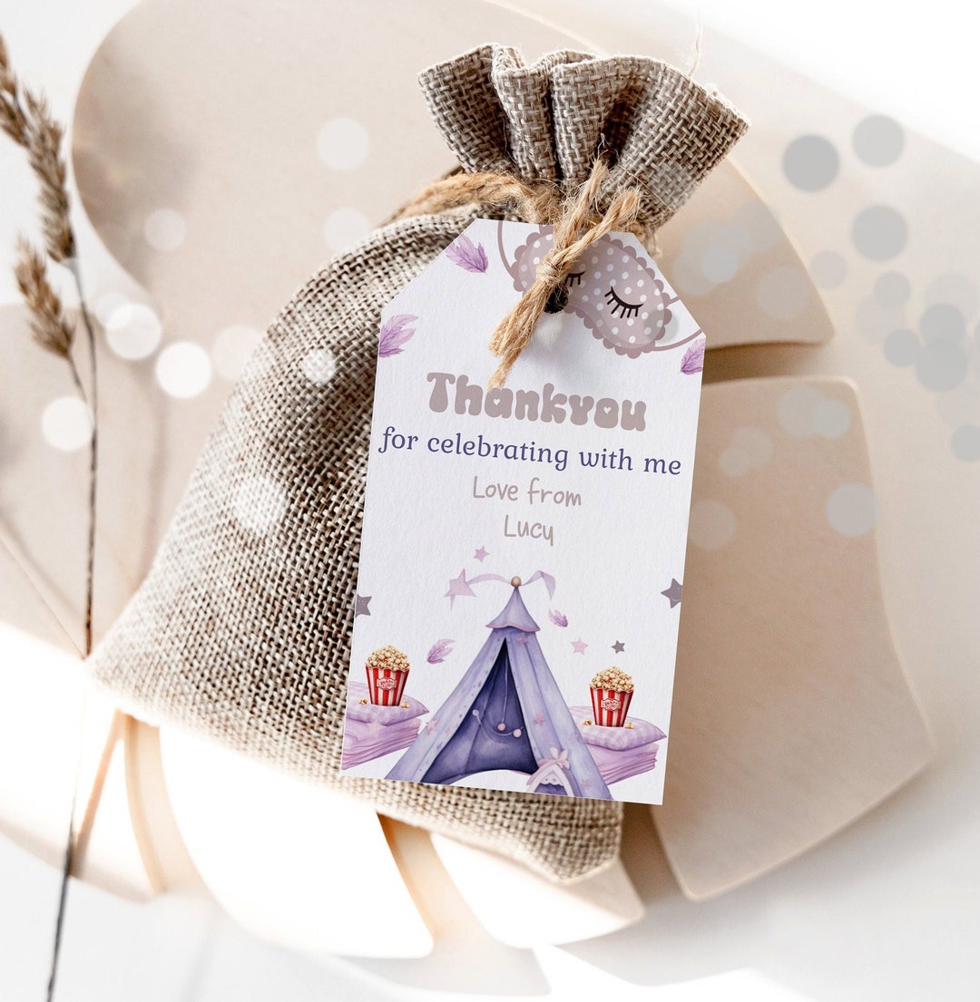 Editable Girls Sleepover Gift Tags, Thank You Party Tags, Label,purple ...