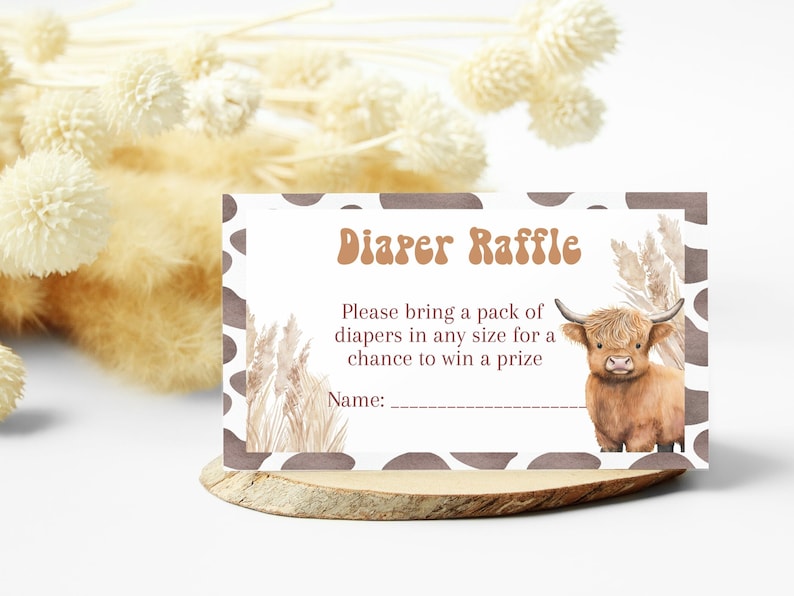 Editable Highland Cow Diaper Raffle Ticket Diaper Game Card Cow Print ...