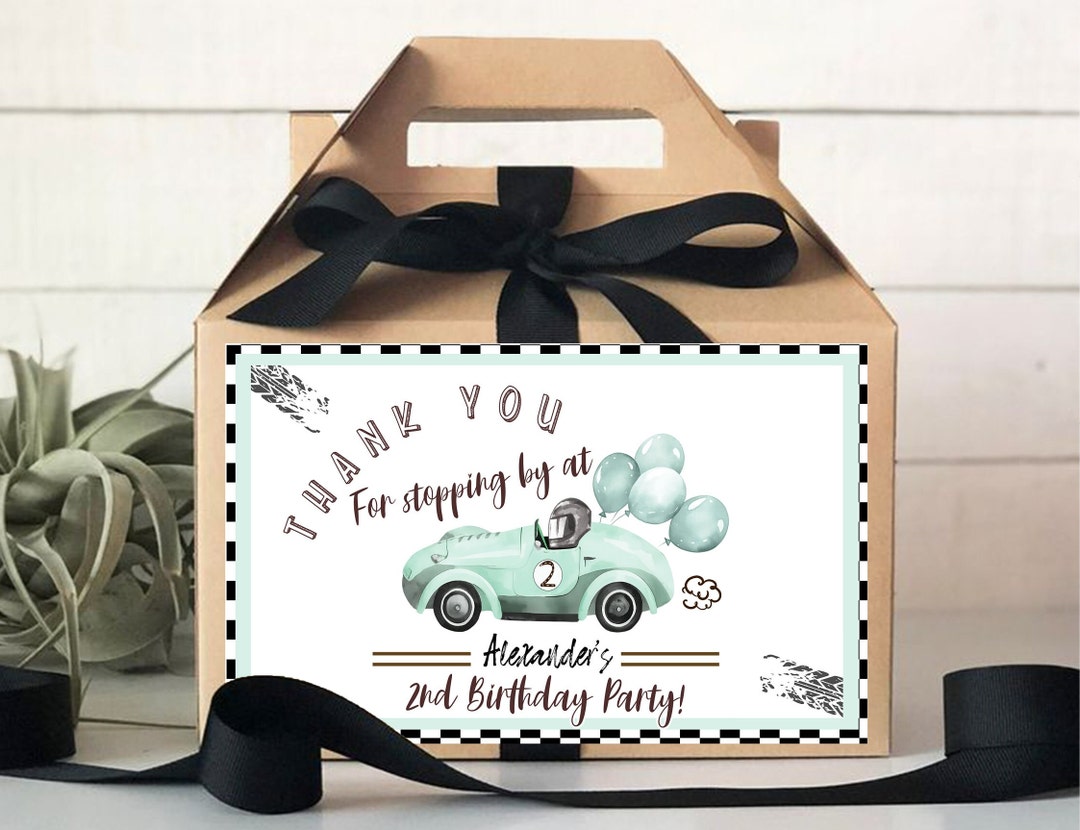 Editable Thank You Race Car Label Mint Green Gift Box Label, Birthday ...