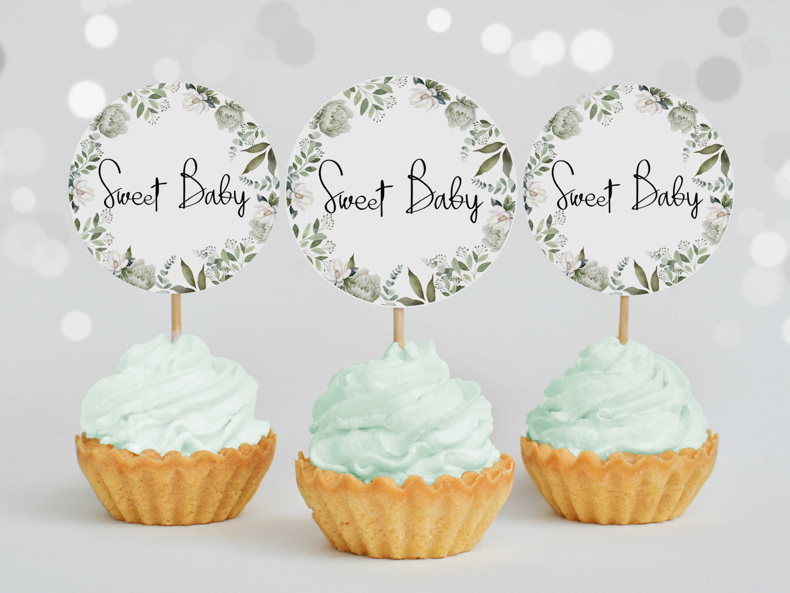 Printable Sweet Baby Cake Toppers, Neutral, Greenary, Baby Shower Cake ...