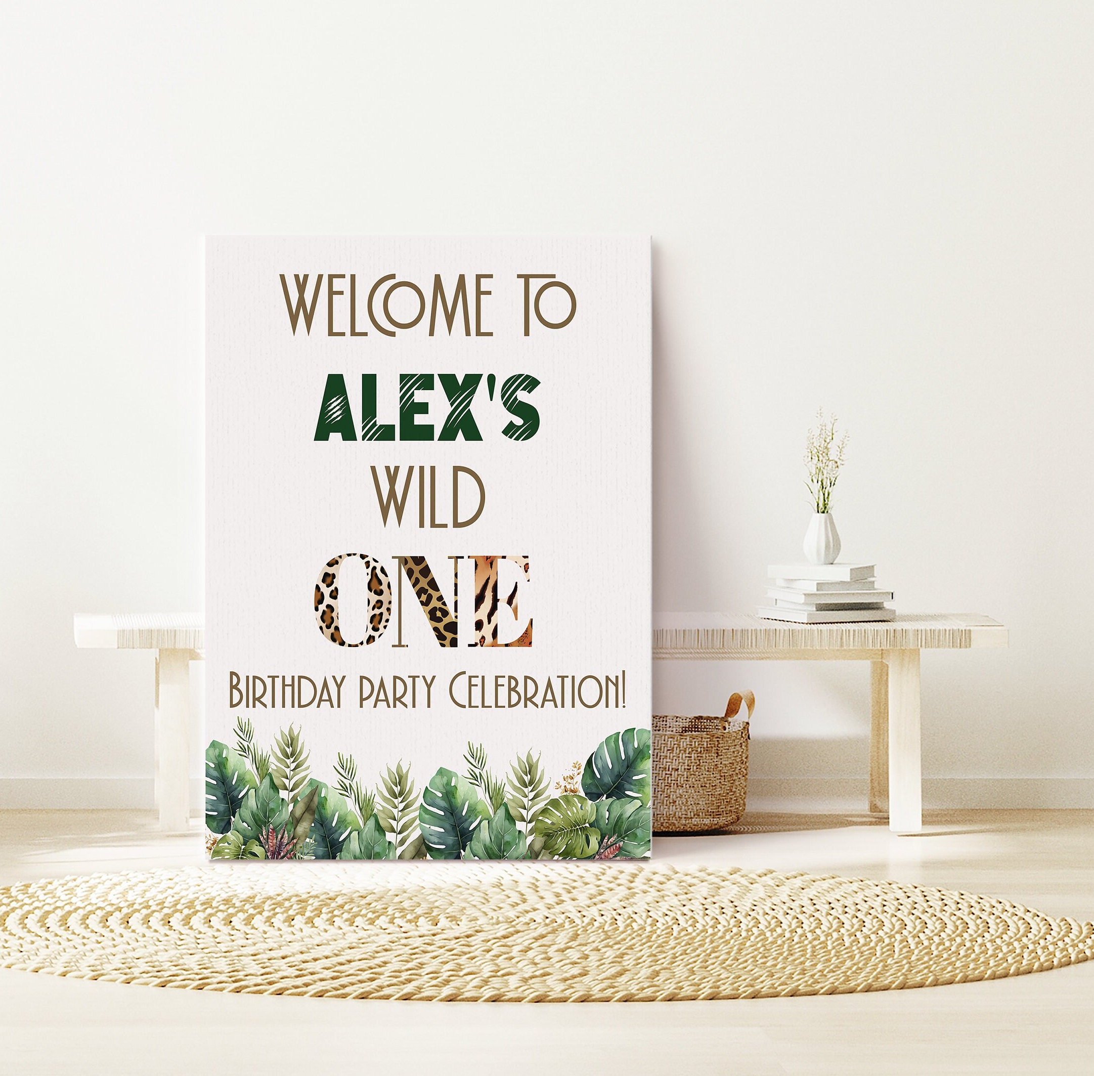 Editable Welcome Wild ONE Sign Party Animals Sign Zoo Safari Green Boys ...