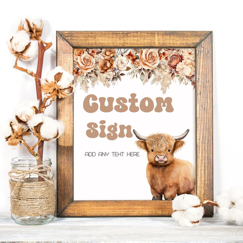 Editable Boho Highland Cow Party Sign, Custom Sign Cow Print Party ...