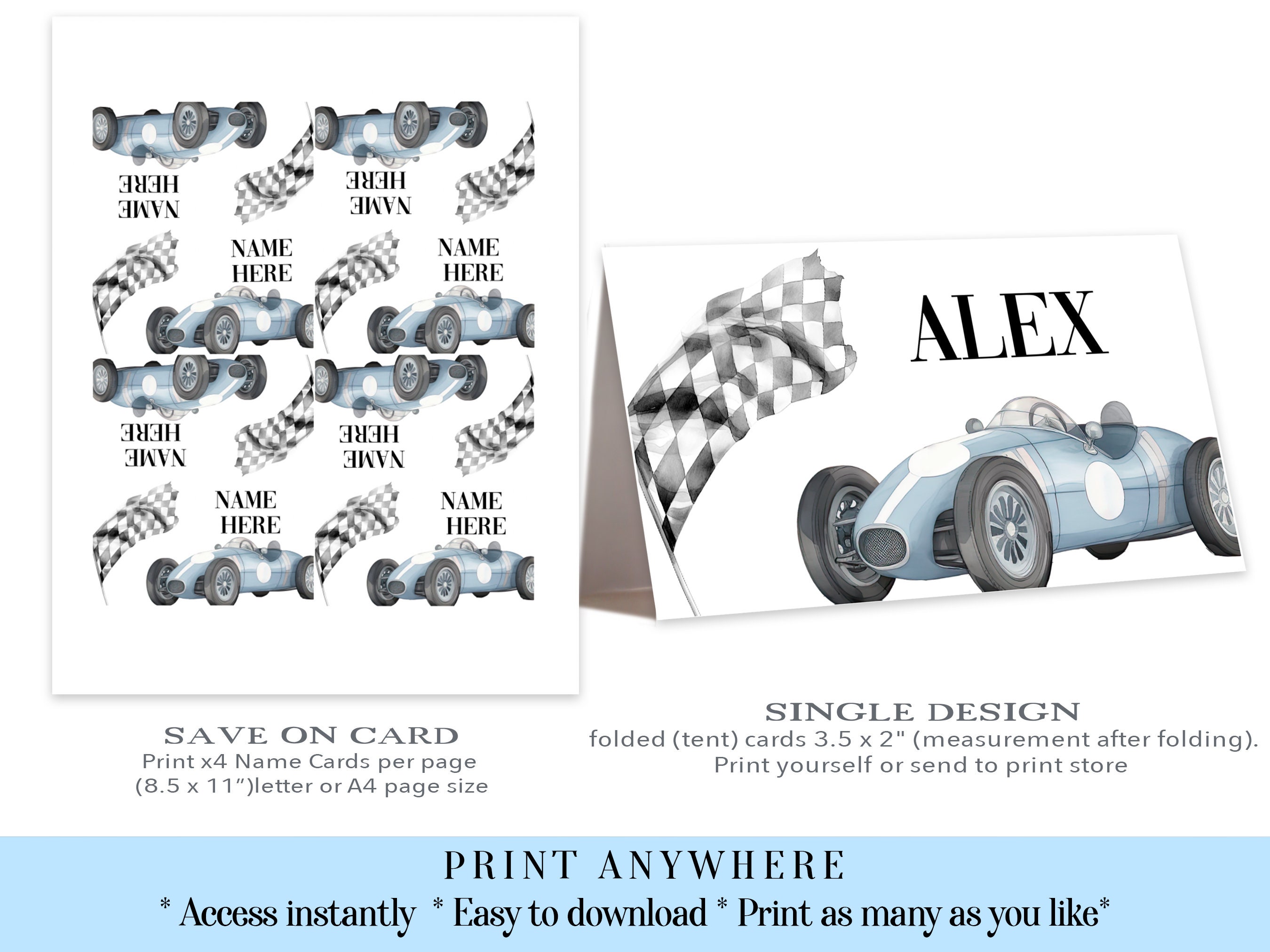 Editable Race Car Party Place Card Food Labels Blue Car Name Card ...