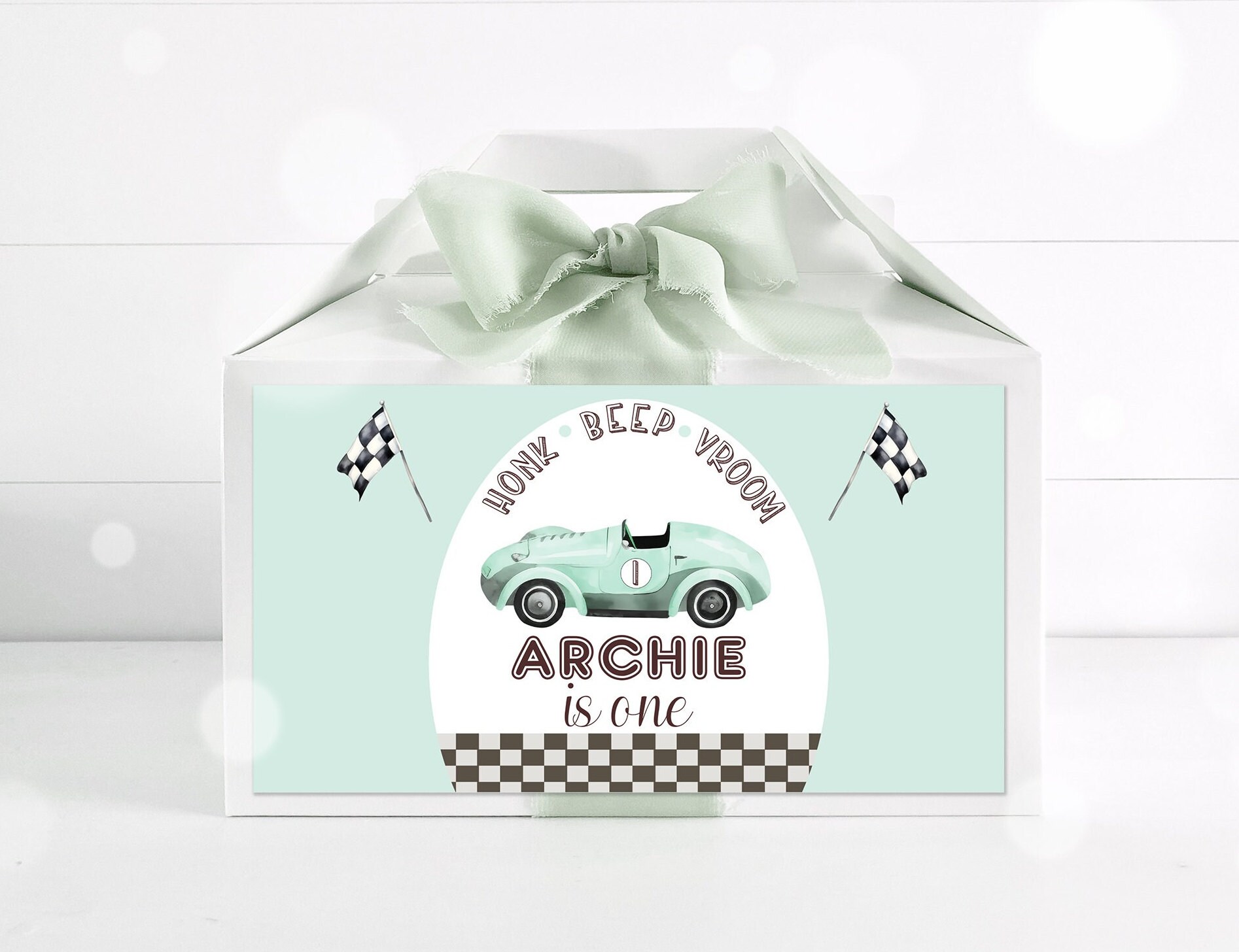 Editable Thank You Race Car Label Green Gift Box Label, First Birthday ...