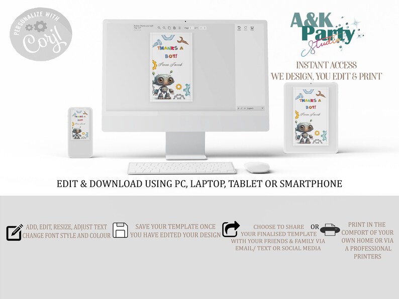 Editable Thanks a Bot Boys Party Favor Tags , Robot Gift Tags Labels ...