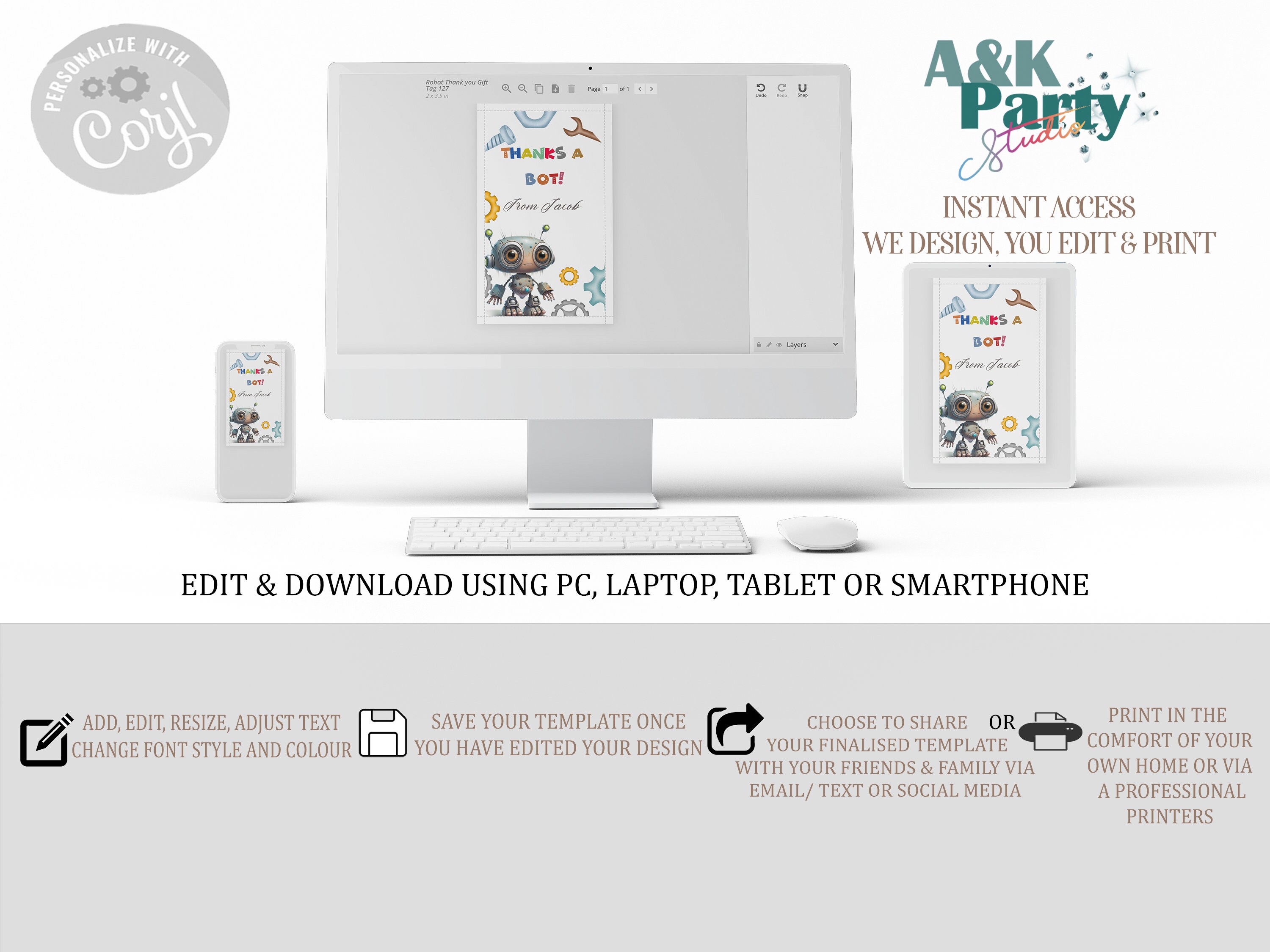 Editable Thanks a Bot Boys Party Favor Tags , Robot Gift Tags Labels ...