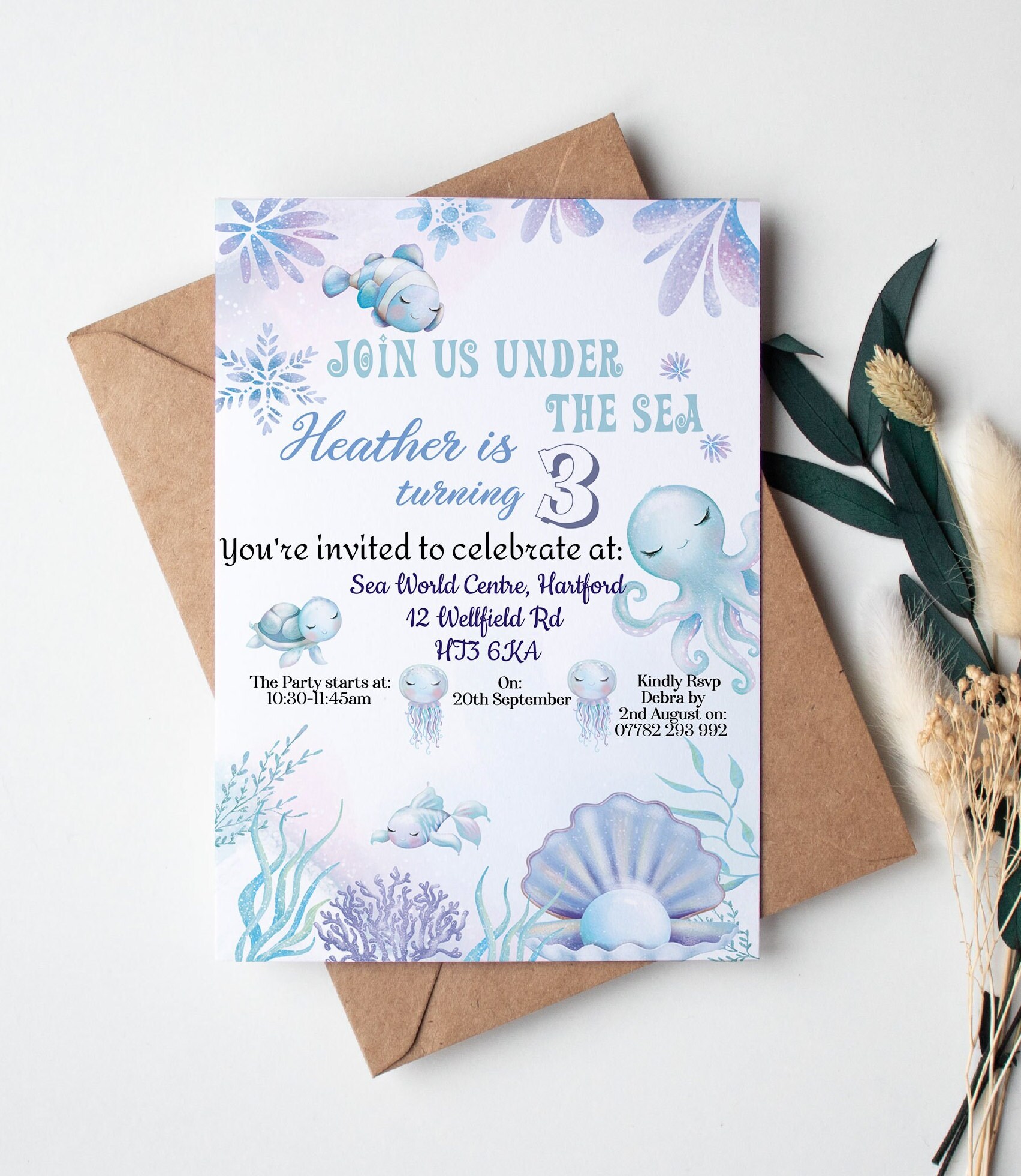 Editable Sea Creatures Birthday Party Invitations Girls Birthday ...