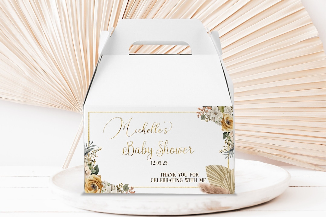 Editable Baby Shower Gable Gift Box Label Gold Birthday Favors Treat ...