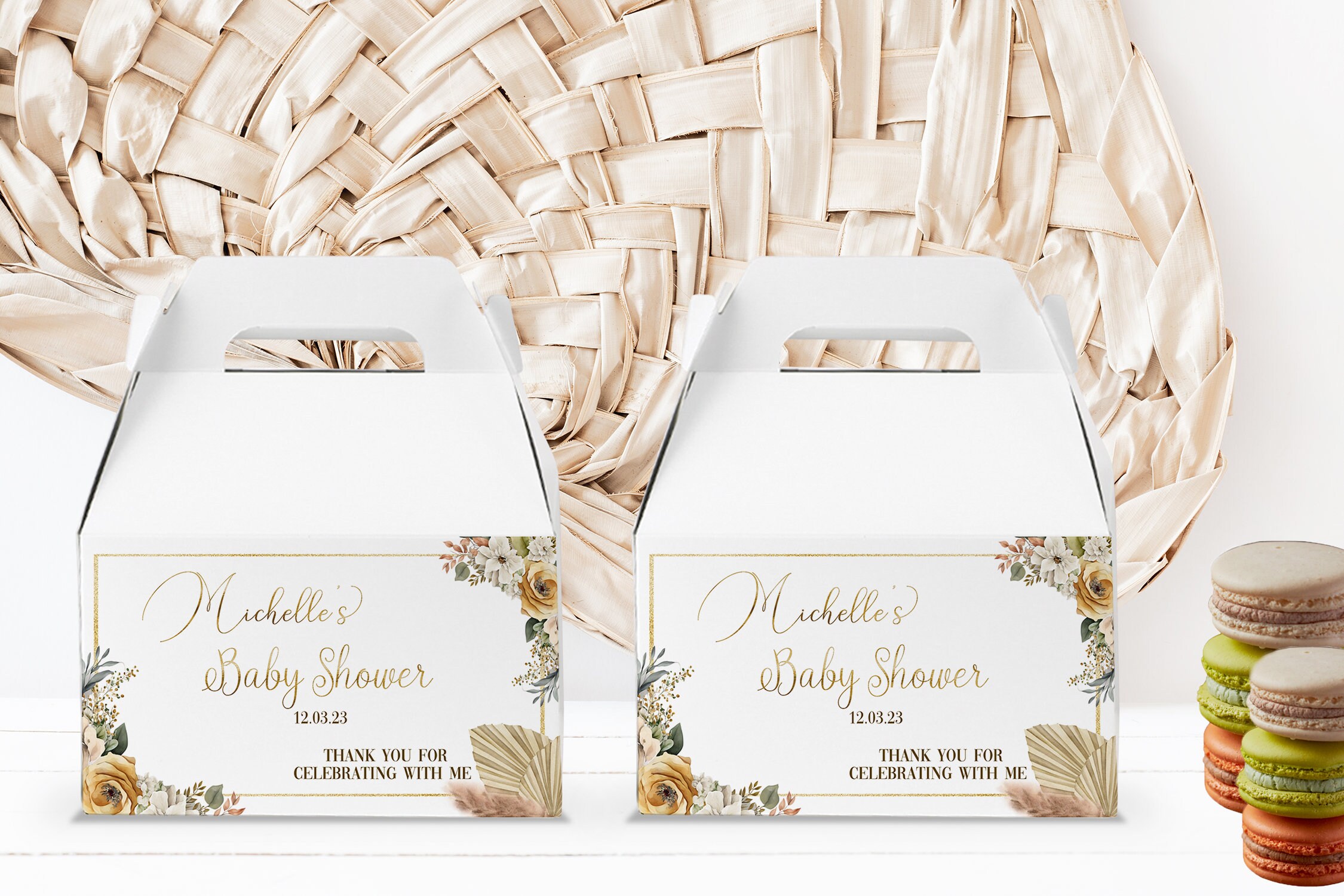 Editable Baby Shower Gable Gift Box Label Gold Birthday Favors Treat ...