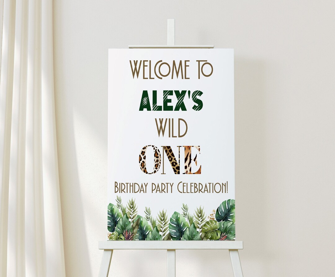 Editable Welcome Wild ONE Sign Party Animals Sign Zoo Safari Green Boys ...