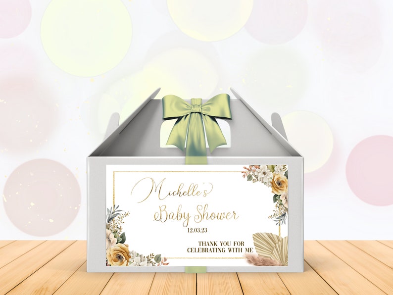 Editable Baby Shower Gable Gift Box Label Gold Birthday Favors Treat ...