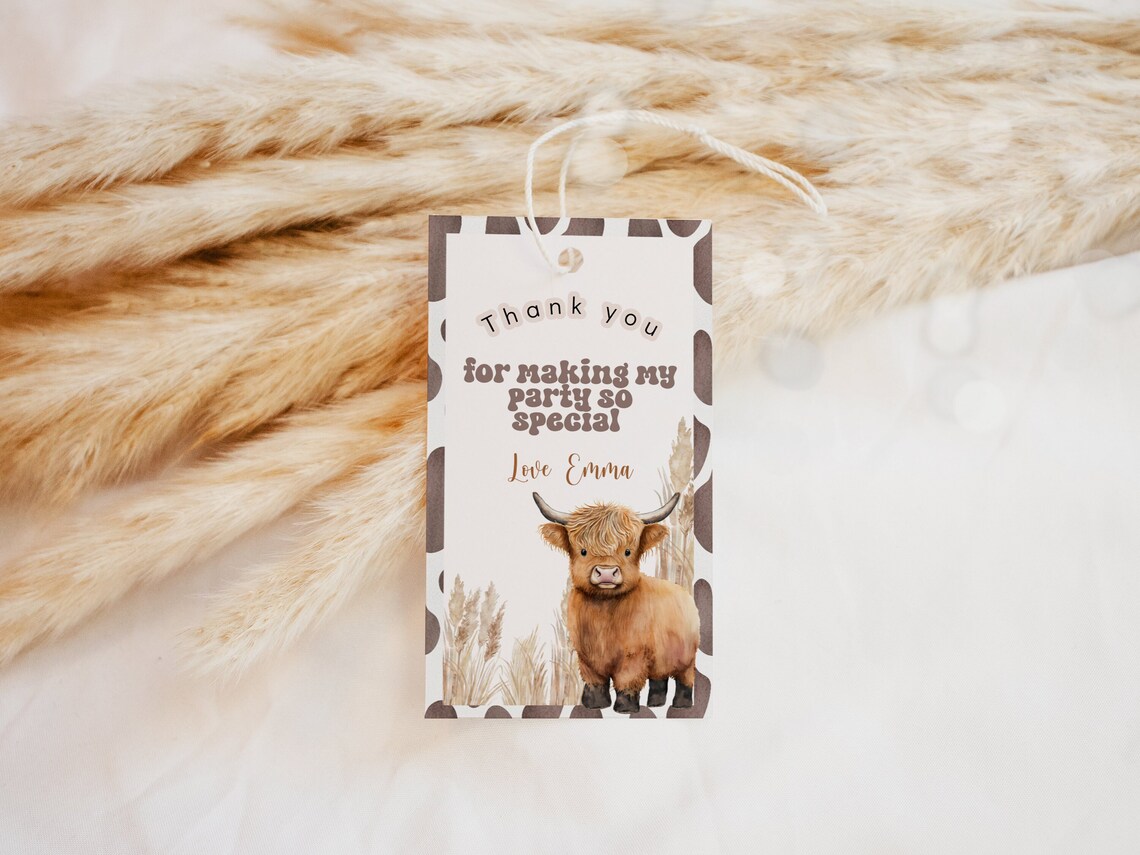 Editable Highland Cow Gift Tags, Birthday Party Favors, Baby Shower ...