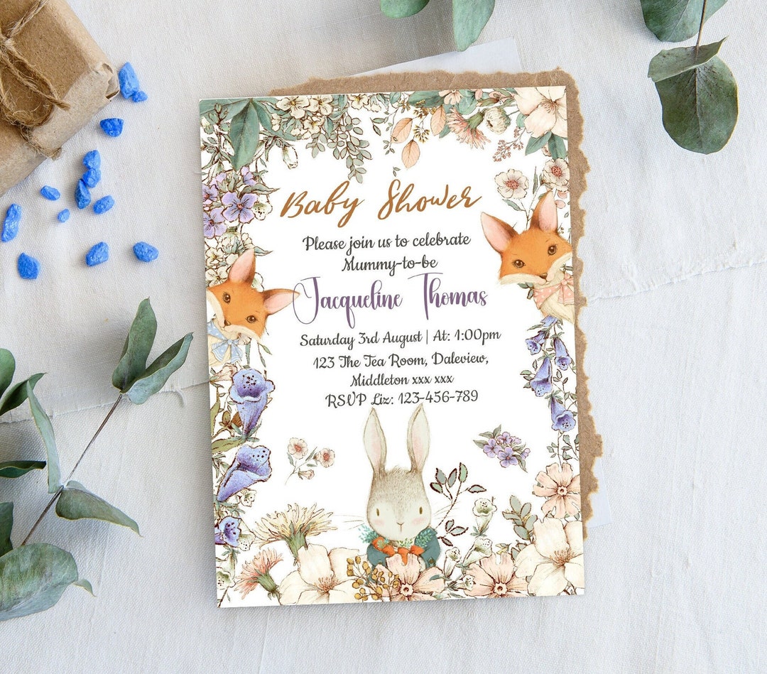 Editable Baby Shower Invitation, Bunny & the Fox, Wild Invite, Floral ...