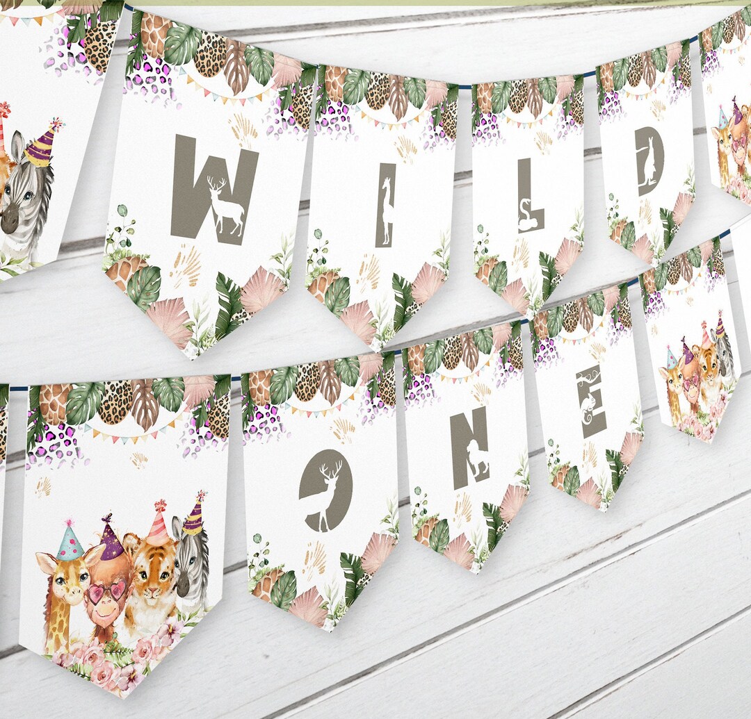 Wild One Happy Birthday Banner Printable Bunting Jungle Animals Party ...