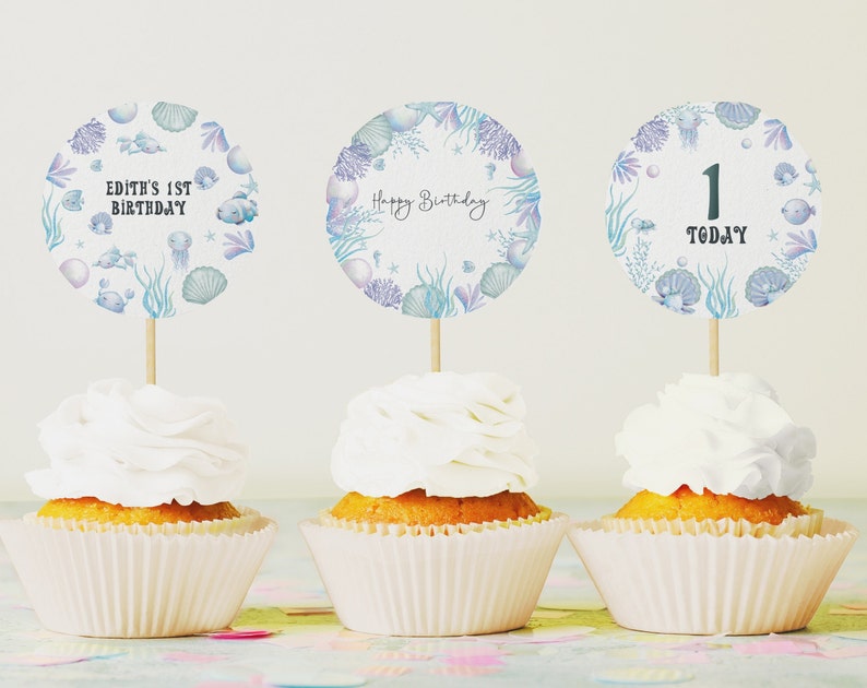 Editable Sea Creatures Cake Toppers Girls Birthday Party Cupcake Cake ...