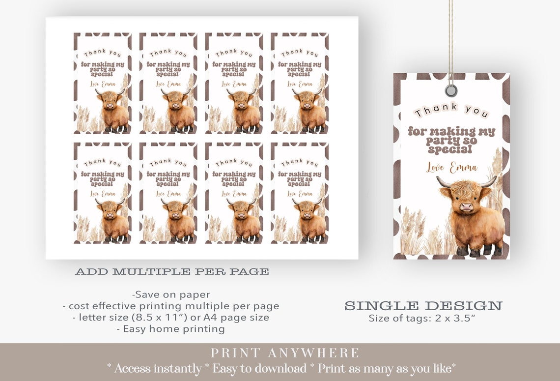 Editable Highland Cow Gift Tags, Birthday Party Favors, Baby Shower ...