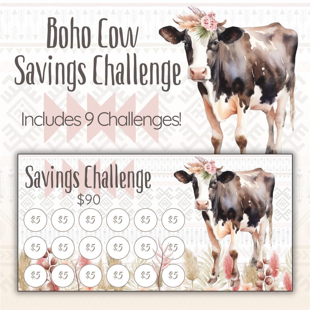 Aztec Boho Cow Savings Challenge Fun Low Income Tracker Sheets for ...