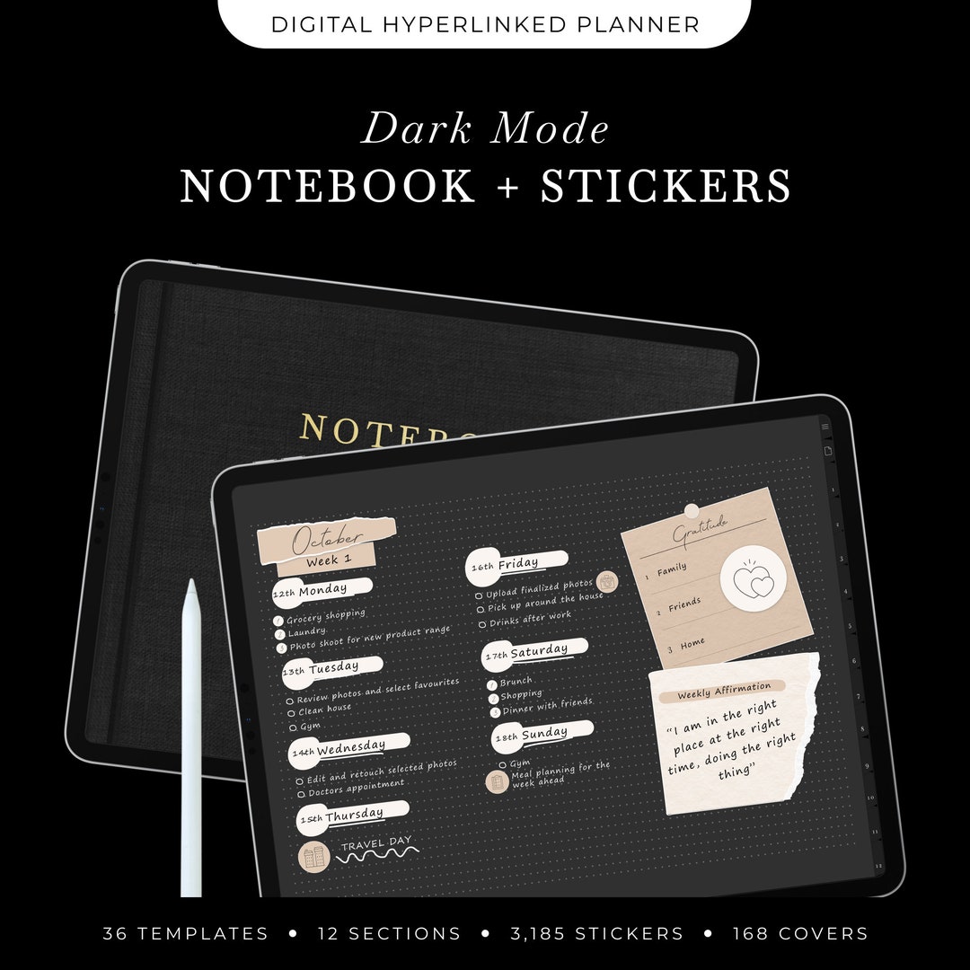 Dark Mode Digital Notebook, Landscape Notebook With 12 Tabs ...