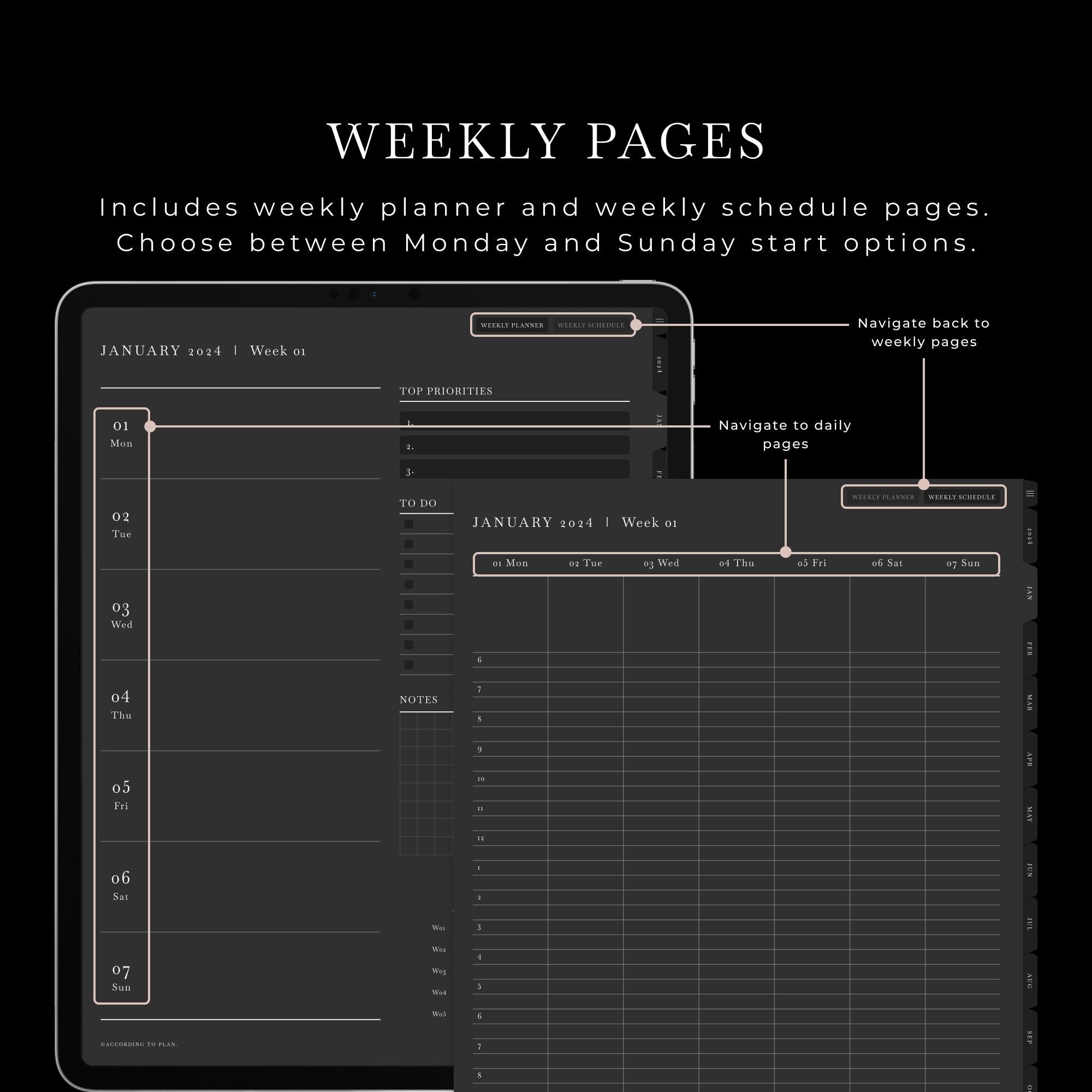 Dark Mode 2024 Digital Planner, Minimalist Daily Weekly Monthly Planner ...