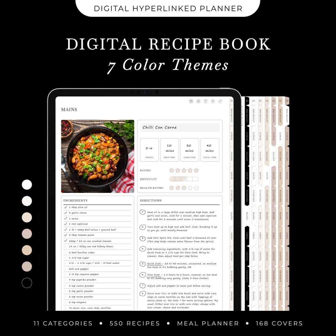 Digital Recipe Book With 7 Neutral Color Tabs, Hyperlinked Digital ...