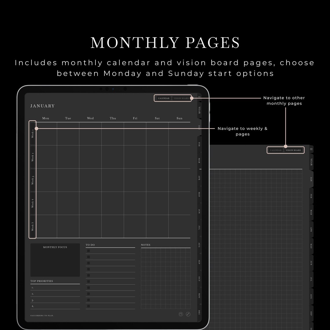 Undated Dark Mode Digital Planner, Daily Planner, Weekly Planner ...