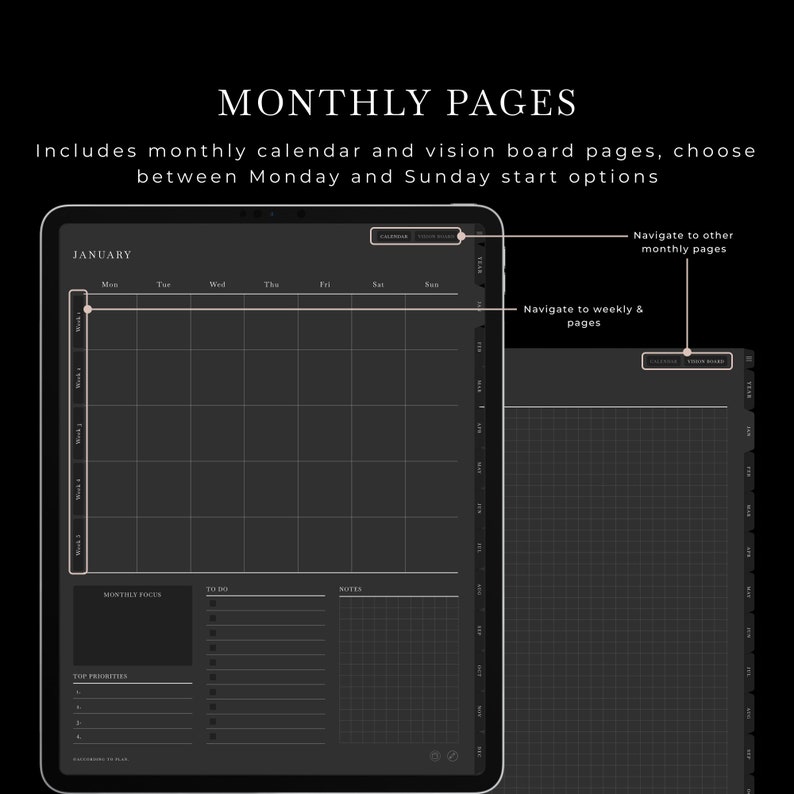 Undated Dark Mode Digital Planner, Daily Planner, Weekly Planner ...
