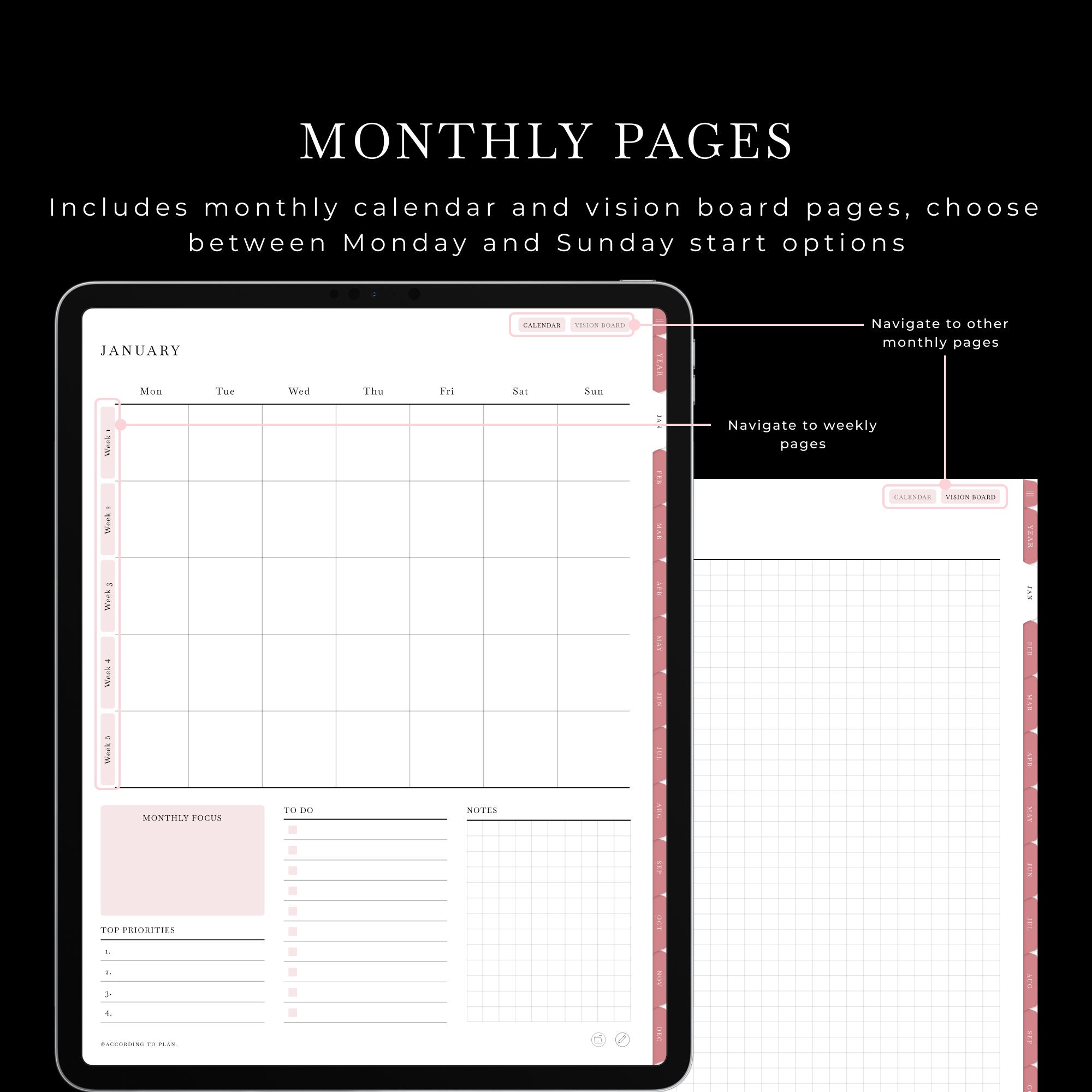 Undated Pink Digital Planner, Daily Planner, Weekly Planner, Monthly ...