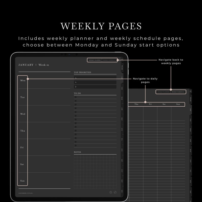 Undated Dark Mode Digital Planner, Daily Planner, Weekly Planner ...