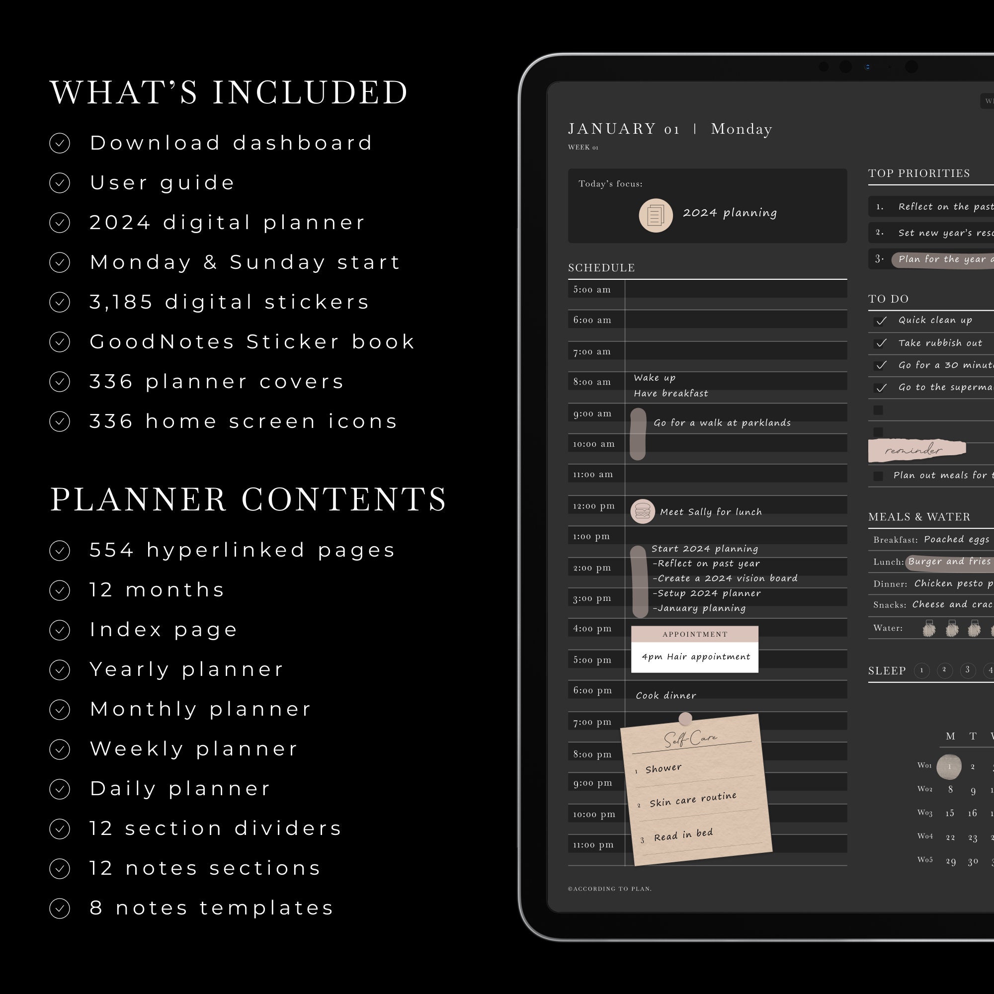 Dark Mode 2024 Digital Planner, Minimalist Daily Weekly Monthly Planner ...