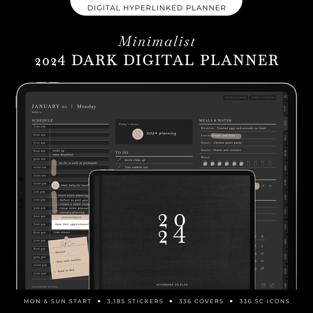 Dark Mode 2024 Digital Planner, Daily Planner, Weekly Planner, Monthly ...