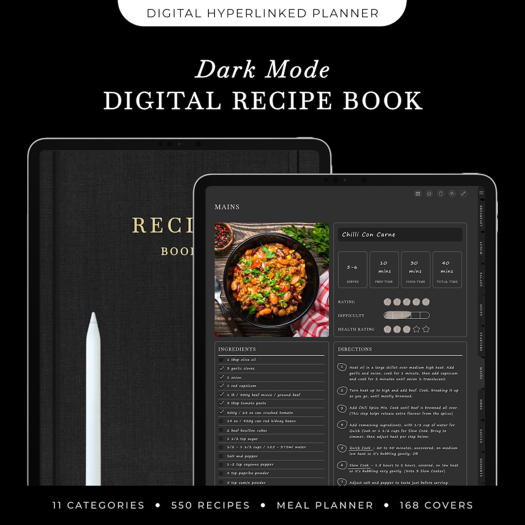 Dark Mode Digital Recipe Book, iPad Food Journal With Recipe Template ...