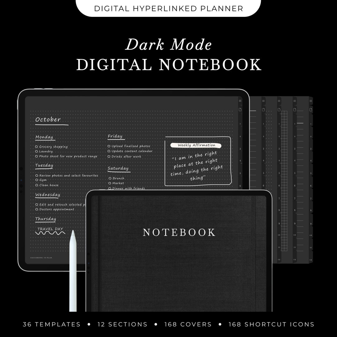 Dark Mode Digital Notebook, Landscape Notebook With 12 Tabs ...