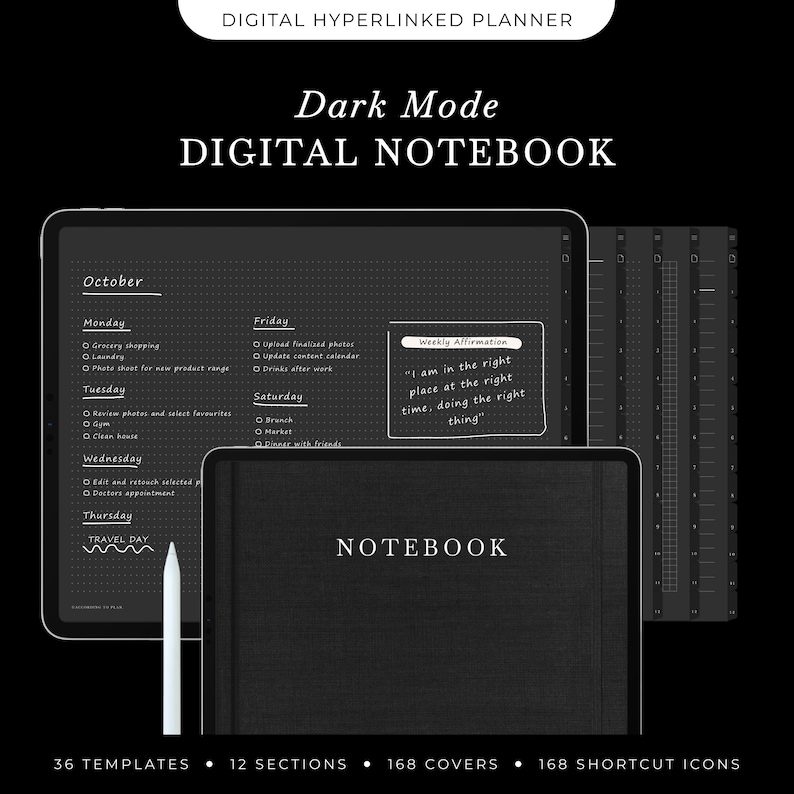 Dark Mode Digital Notebook, Landscape Notebook With 12 Tabs ...