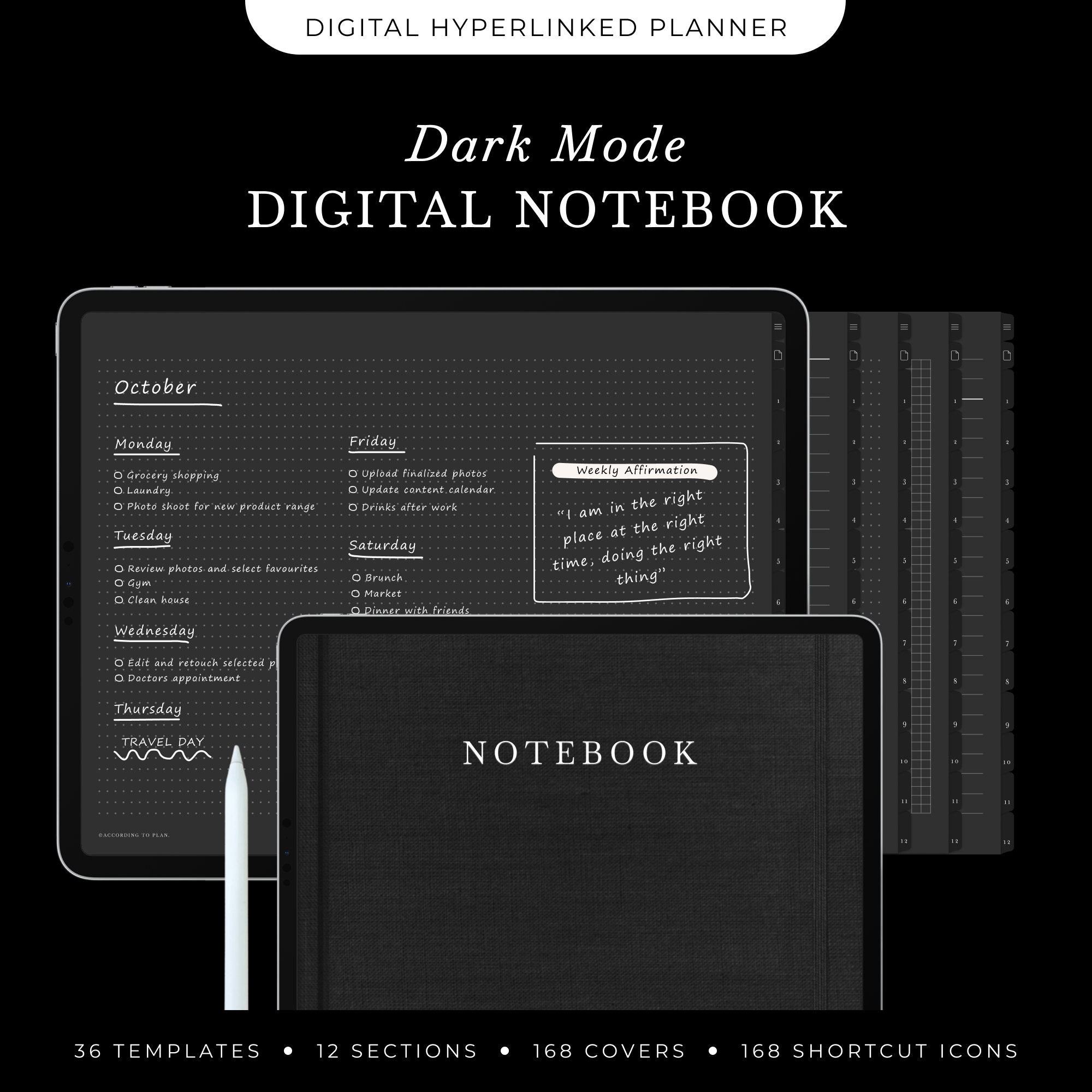 Dark Mode Digital Notebook, Landscape Notebook With 12 Tabs ...